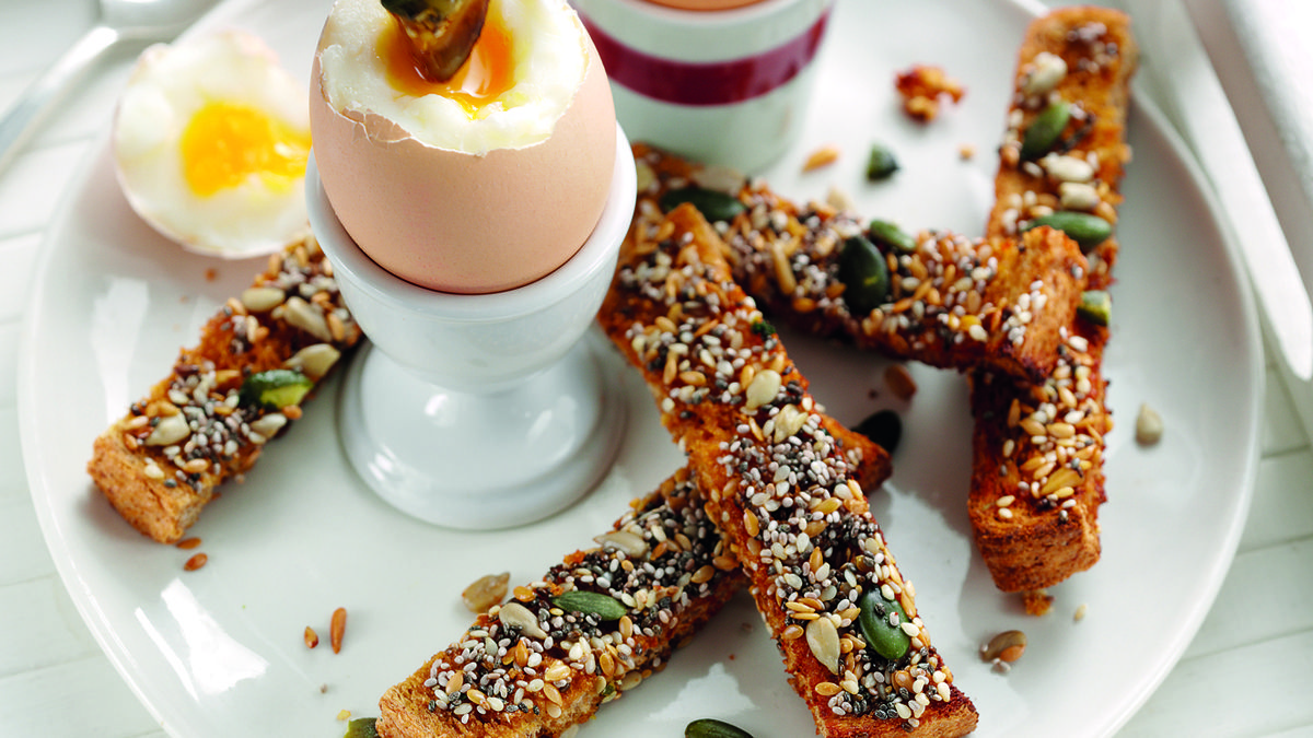 Crunchy seeded soldiers and soft boiled eggs